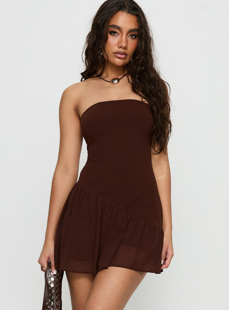 Hadlea Strapless Asymmetrical Mini Dress Brown | Princess Polly