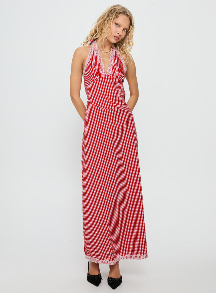 Betsie Halter Lace Maxi Dress Red Polka | Princess Polly
