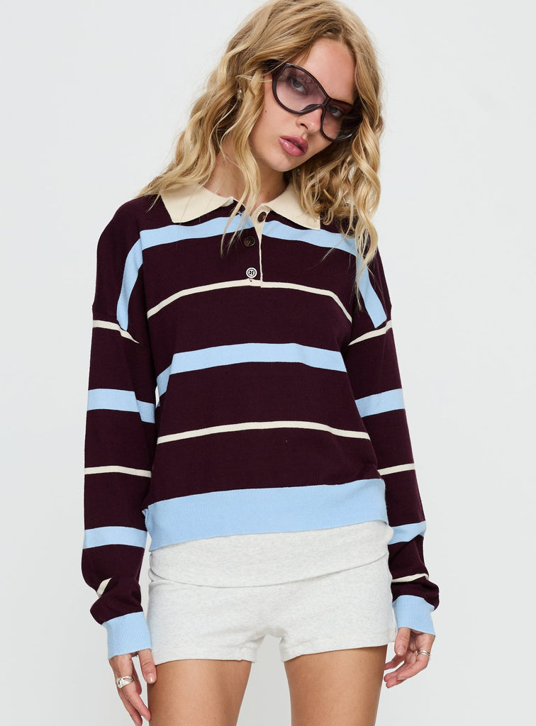 Aiyanna Collared Rugby Jersey Brown / Blue Stripe | Princess Polly