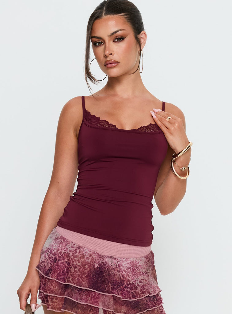 Spring To Summer Lace Trim Cami Top Plum | Princess Polly