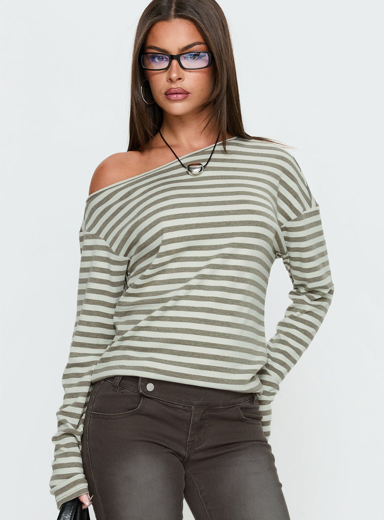 Lenorah Off Shoulder Long Sleeve Top Grey Stripe | Princess Polly