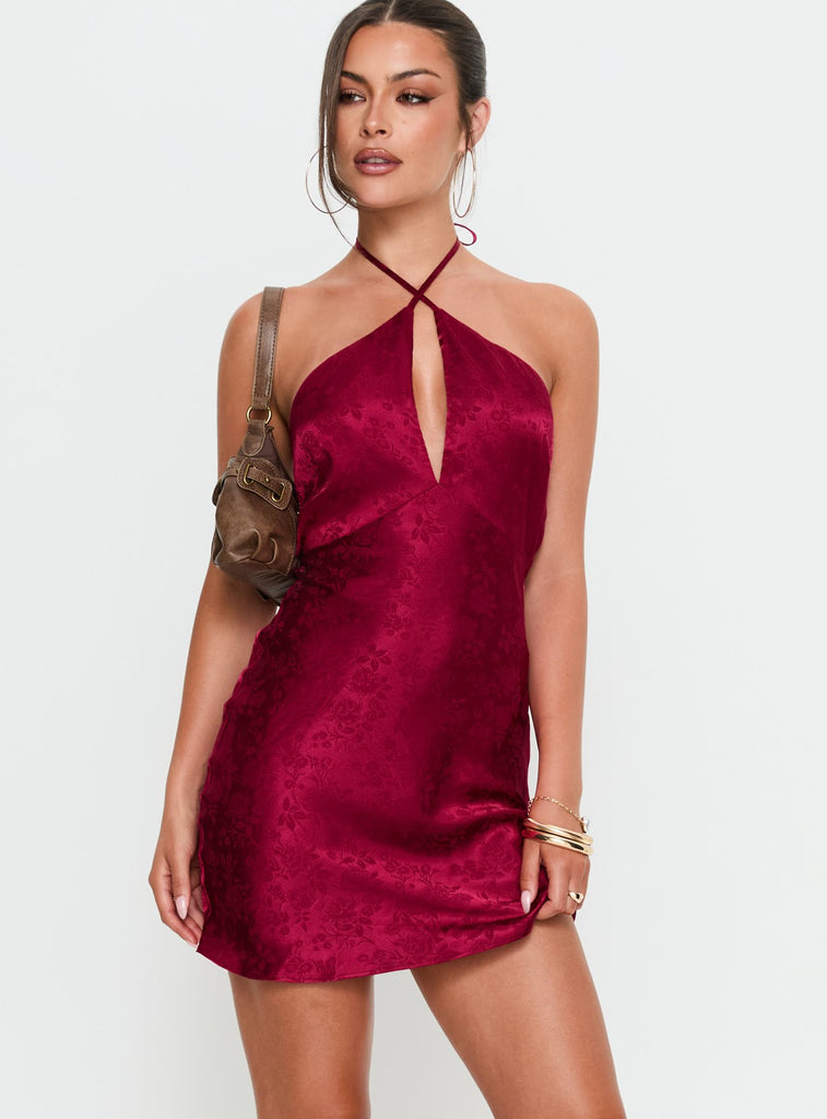 Vanezia Halter Mini Dress Burgundy | Princess Polly