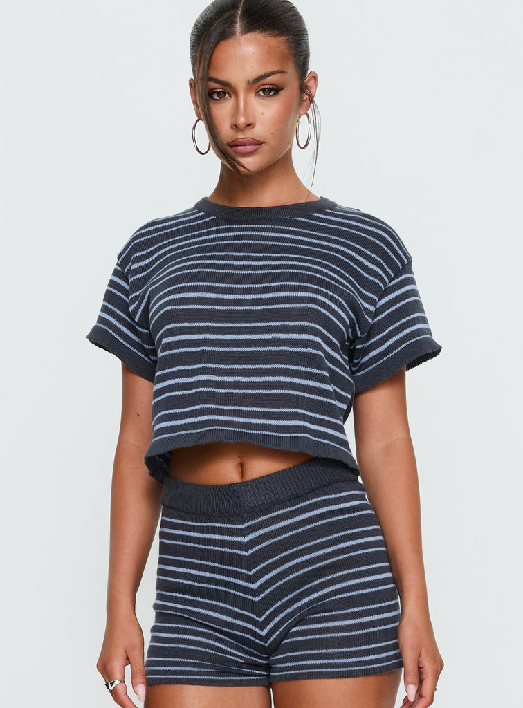 Arlynn Cropped Crew Neck Top Blue Stripe | Princess Polly