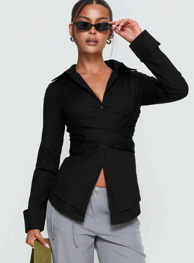 Shapeshifter Twist Long Sleeve Shirt Black | Princess Polly