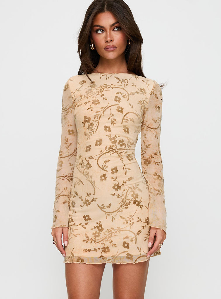 Folklore Long Sleeve Mini Dress Cream | Princess Polly