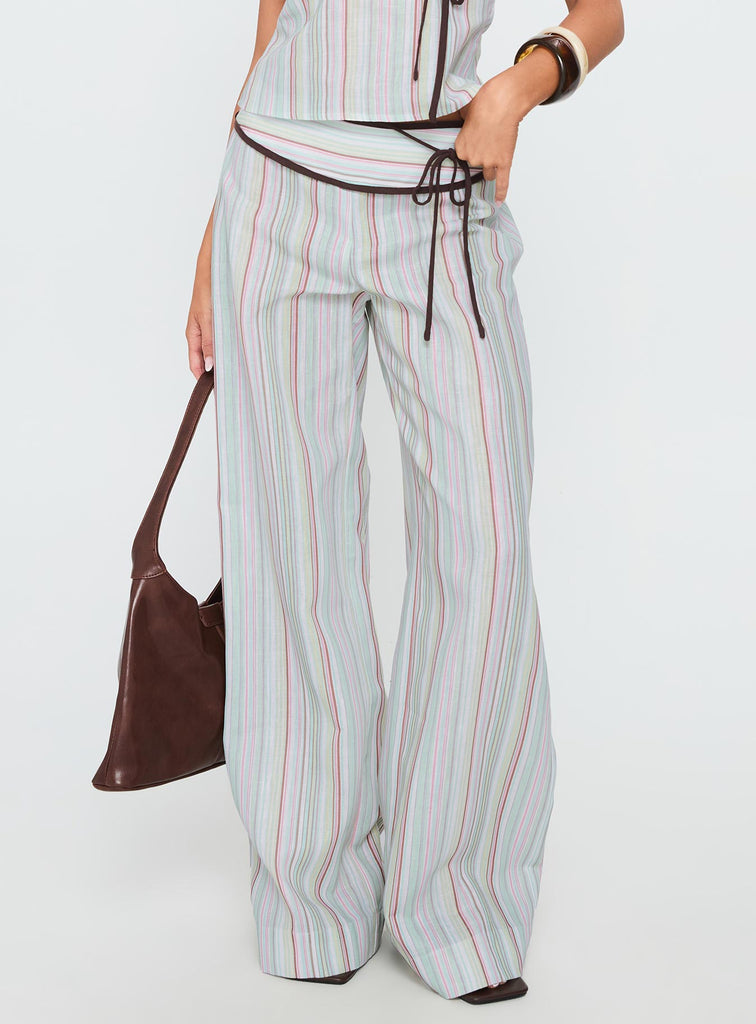 Taylar Thick Waistband Tie Pants Green Stripe | Princess Polly