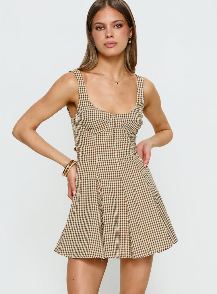 Honeysucker Floaty Playsuit Brown Check | Princess Polly