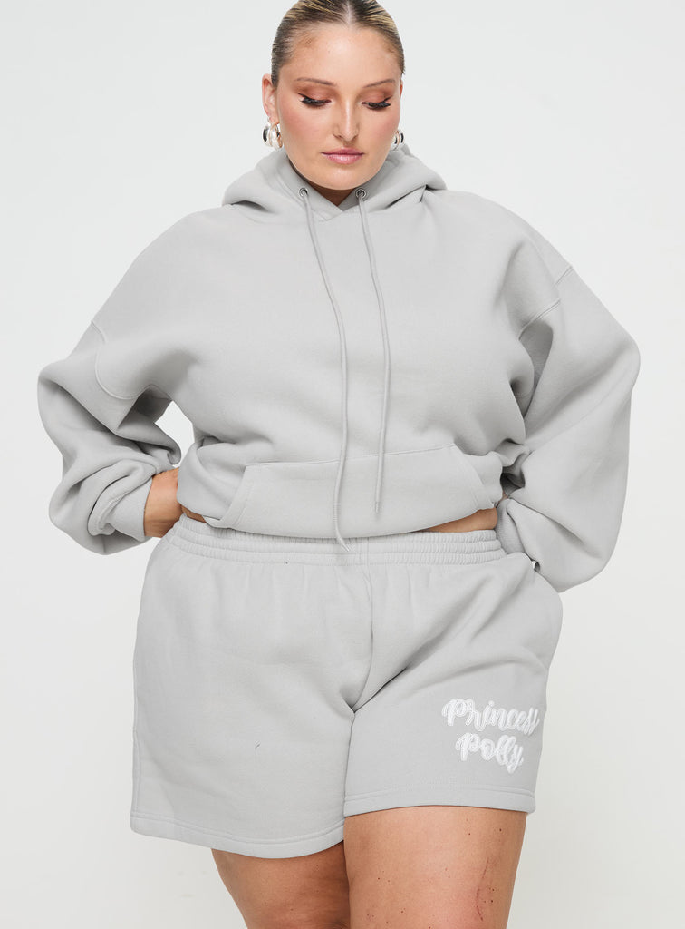 Princess Polly Track Shorts Puff Text Grey Curve | Princess Polly