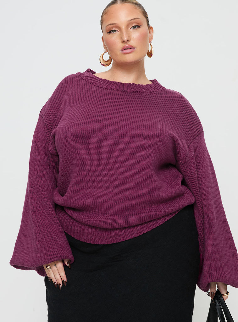 Harmony Balloon Sleeve Knit Sweater Burgundy Curve | Princess Polly