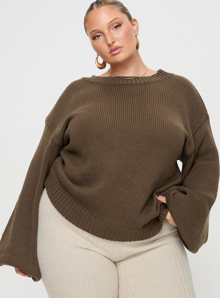 Harmony Balloon Sleeve Knit Sweater Dark Brown Curve | Princess Polly