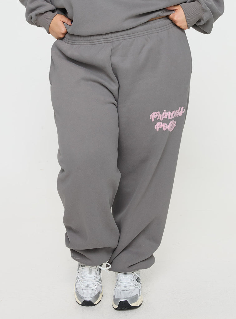 Princess Polly Track Pants Puff Text Charcoal Curve | Princess Polly USA