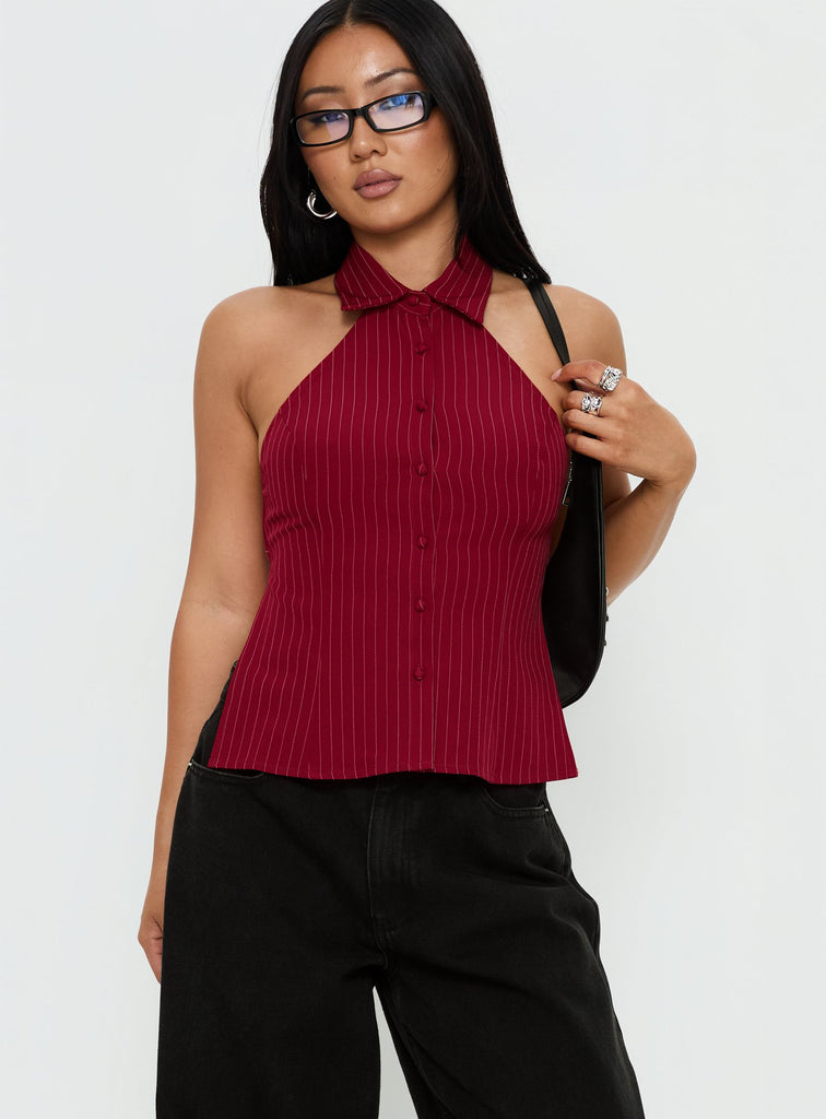 Roanne Backless Collared Top Red Stripe | Princess Polly