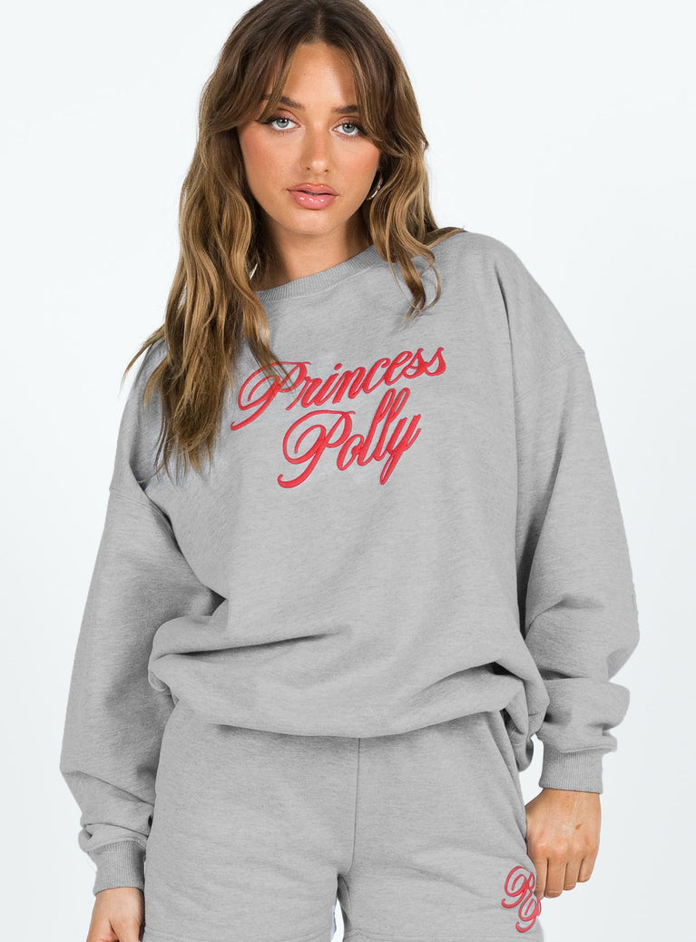 Princess Polly Crew Neck Sweatshirt Cursive Text Grey Marle / Red ...