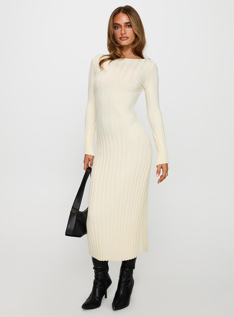 Ryo Long Sleeve Rib Maxi Dress Cream | Princess Polly