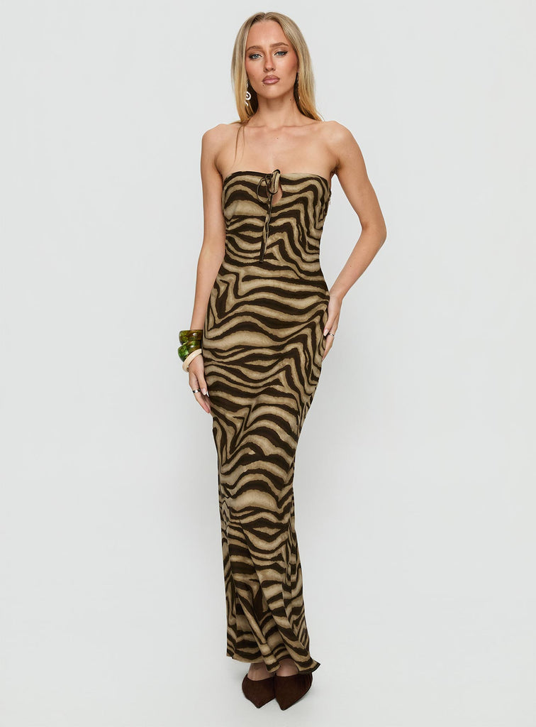 Carlina Strapless Keyhole Maxi Dress Dark Zebra | Princess Polly