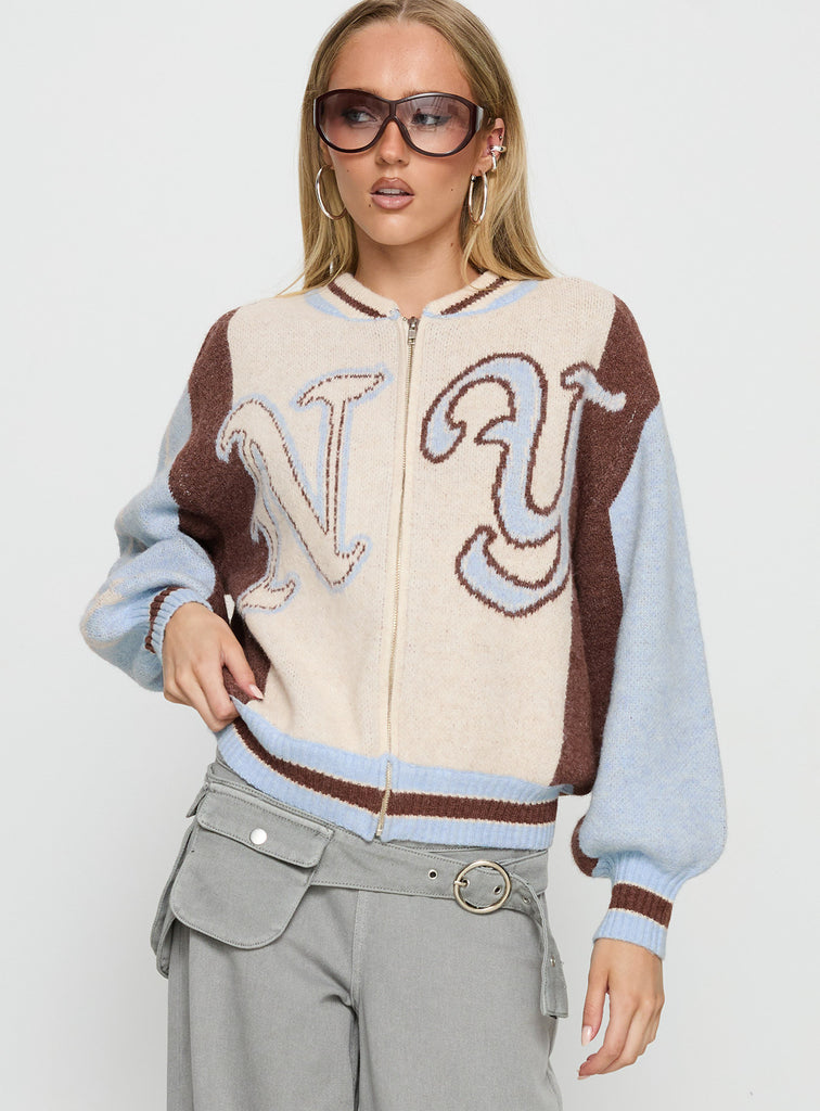 Brandyce Graphic Knit Jacket Blue / Chocolate | Princess Polly