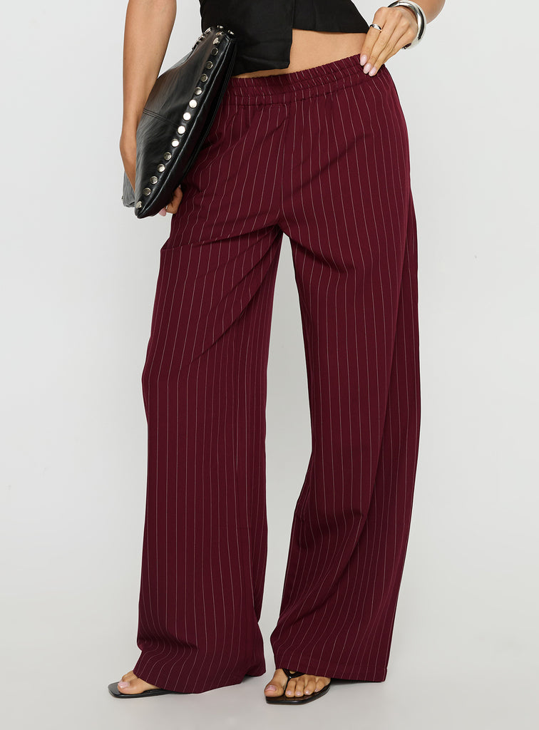 Jaysa Baggy Wide Leg Pant Burgundy Pinstripe | Princess Polly