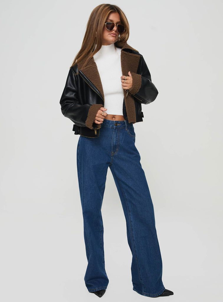 Shearling Trim Faux Leather Jacket Black | Princess Polly