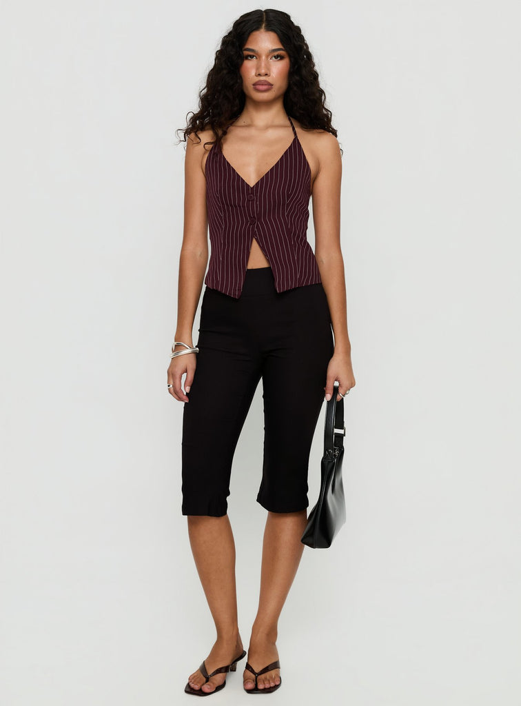 No Sleep Halter Top Burgundy Pinstripe | Princess Polly