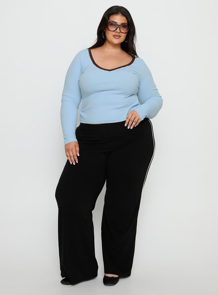 Baseline V Neck Long Sleeve Top Blue / Brown Curve | Princess Polly
