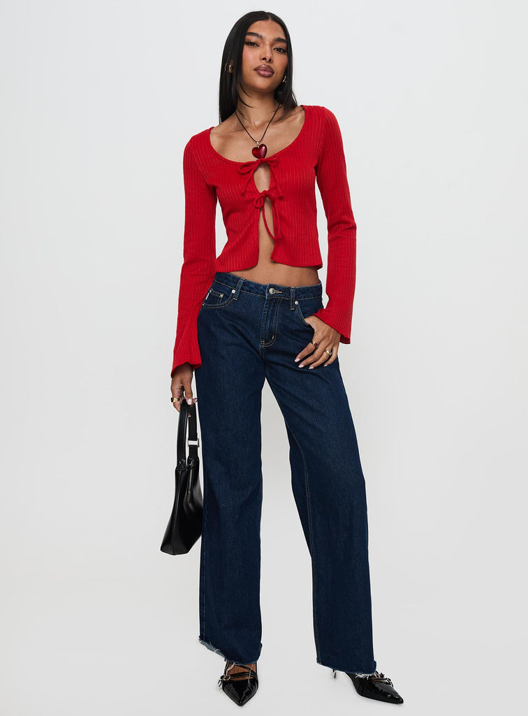 Rowynne Long Sleeve Tie Up Top Red | Princess Polly