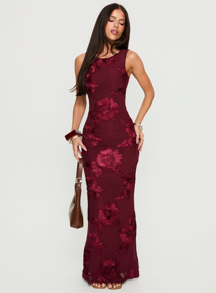 Fionna Floral Maxi Dress Burgundy | Princess Polly