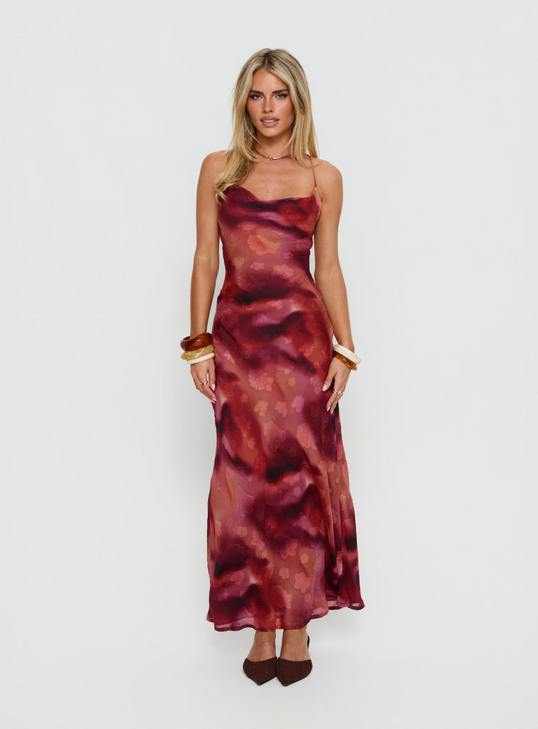 Kerie Cowl Neck Tie Back Maxi Dress Red Blur | Princess Polly