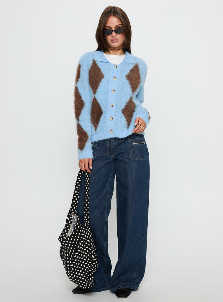 Lynnsey Fluffy Collared Knit Sweater Blue Argyle | Princess Polly