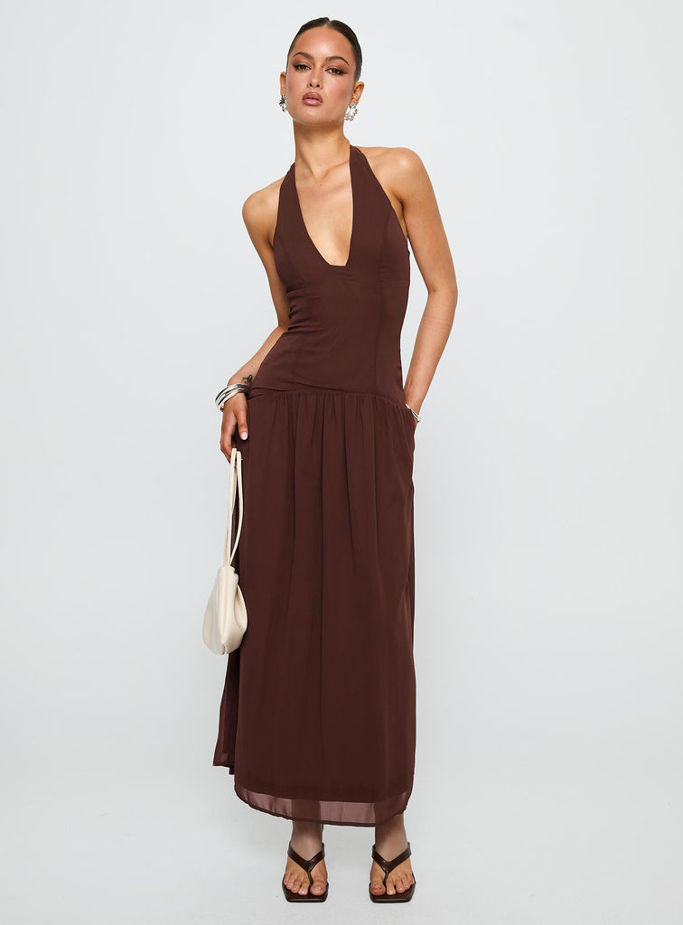 Chestnut Drop Waist Maxi Dress Brown | Princess Polly