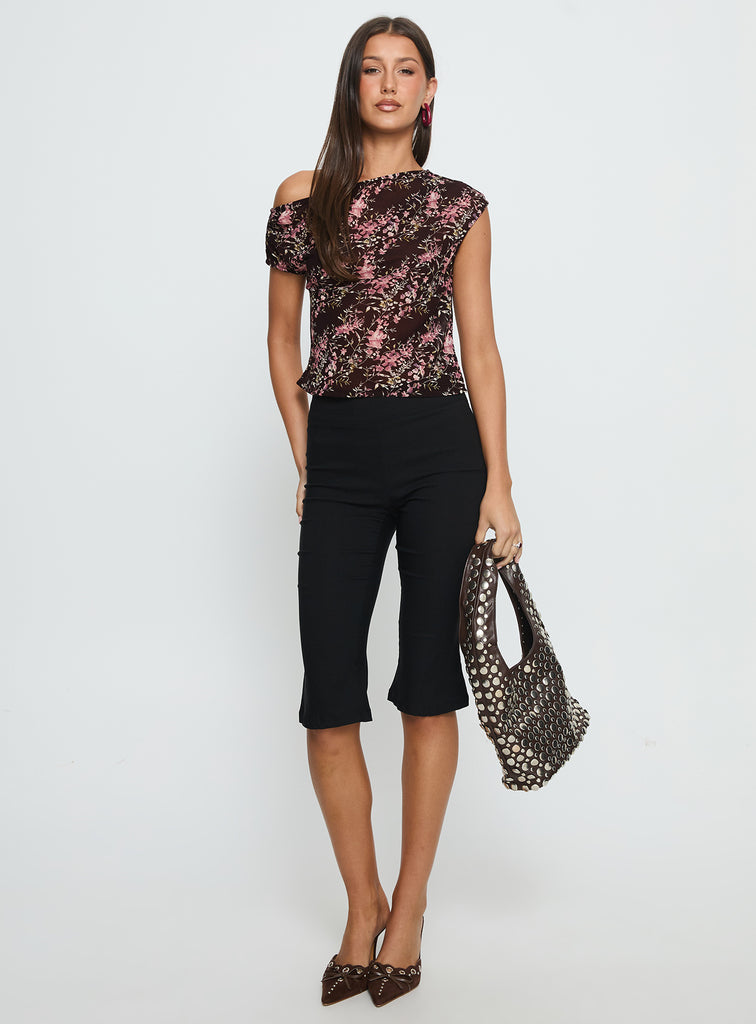 Justyna Sheer Top Off Shoulder Top Brown / Pink Floral | Princess Polly