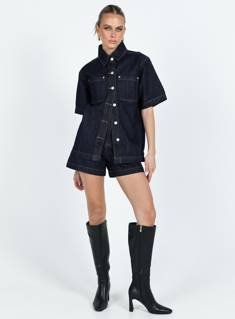 Whitaker Short Sleeve Shacket Dark Denim | Princess Polly