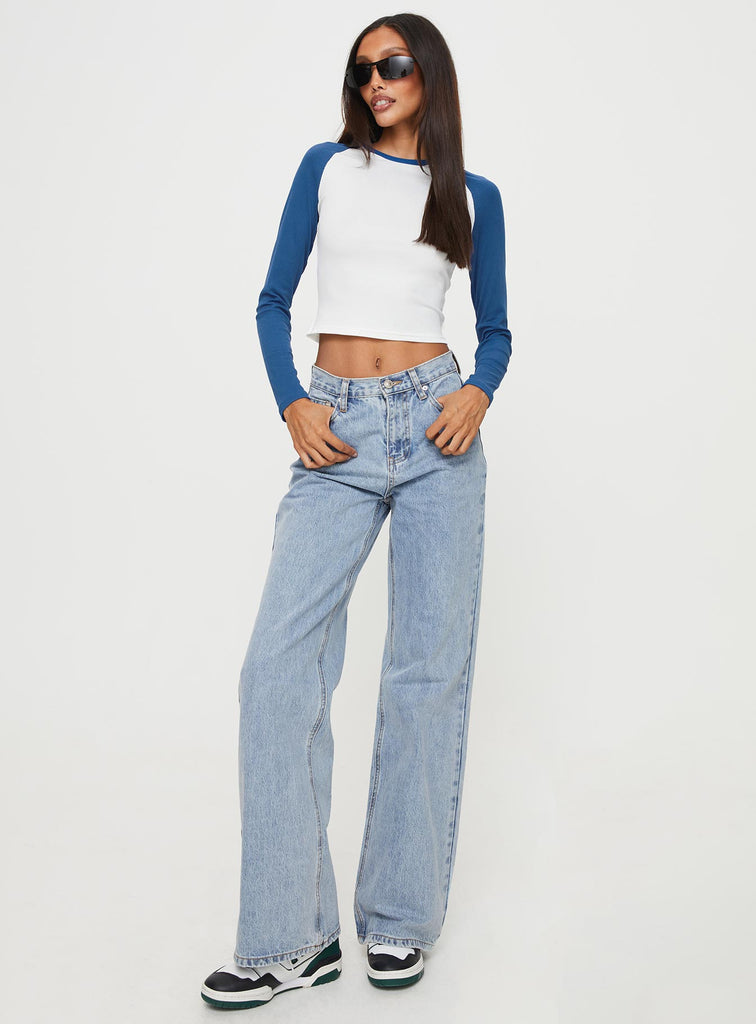 Markey Long Sleeve Top White / Blue | Princess Polly