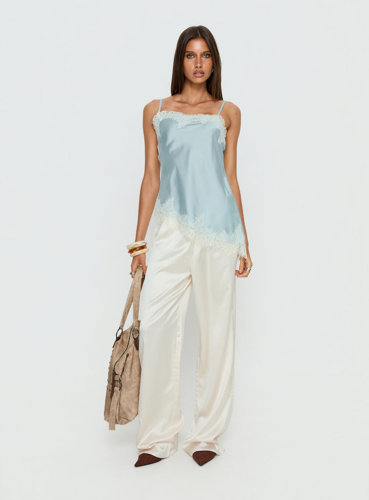 Winta Lace Trim Asymmetrical Satin Top Blue | Princess Polly