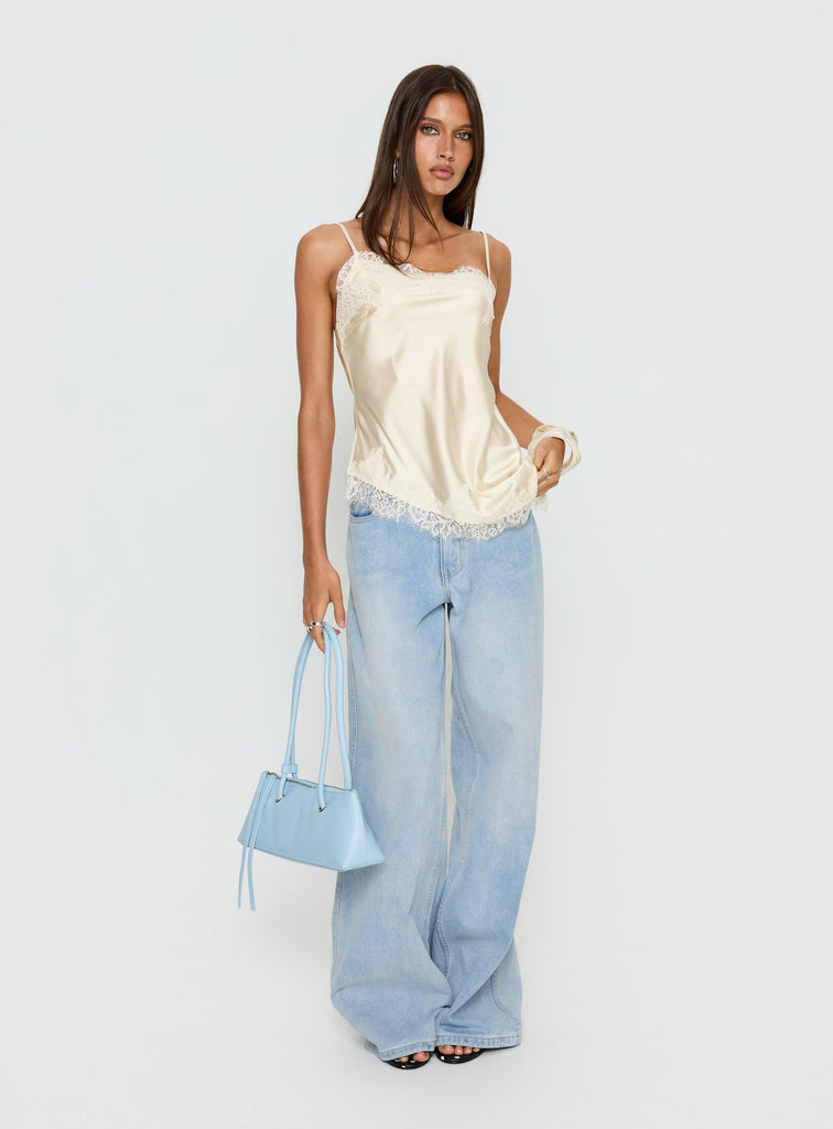 Winta Lace Trim Asymmetrical Satin Top Cream | Princess Polly