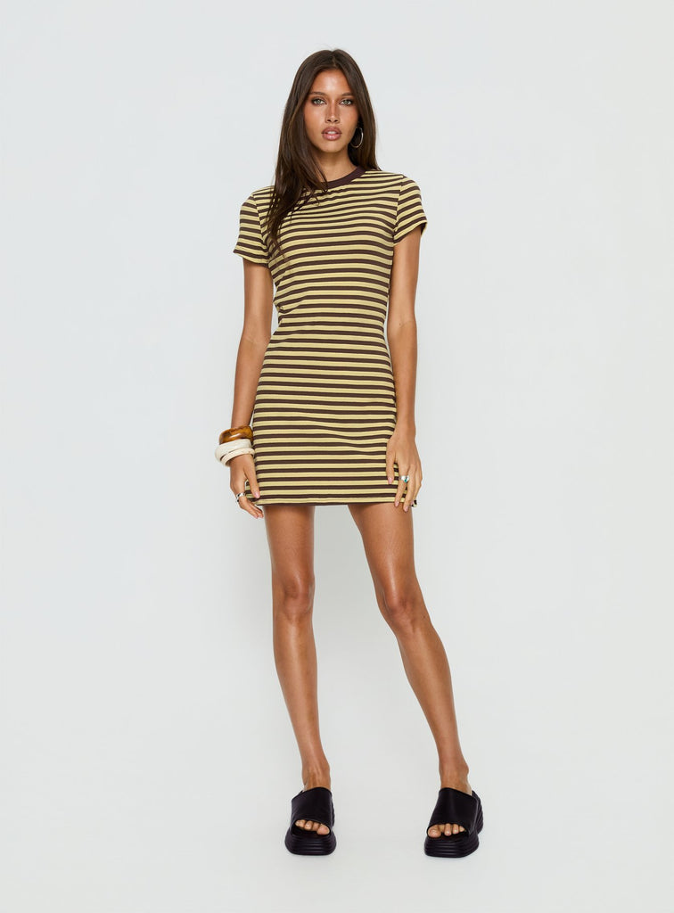 Settle Down Short Sleeve Mini Dress Yellow Stripe | Princess Polly
