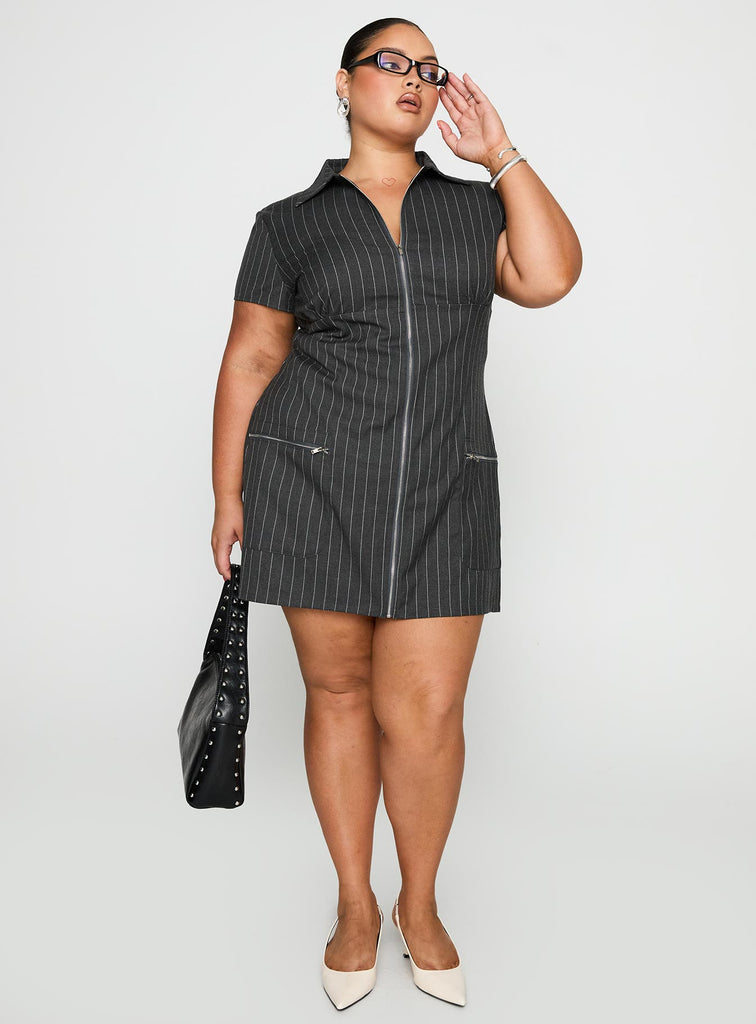 Wynona Mini Dress White / Grey Pinstripe Curve | Princess Polly
