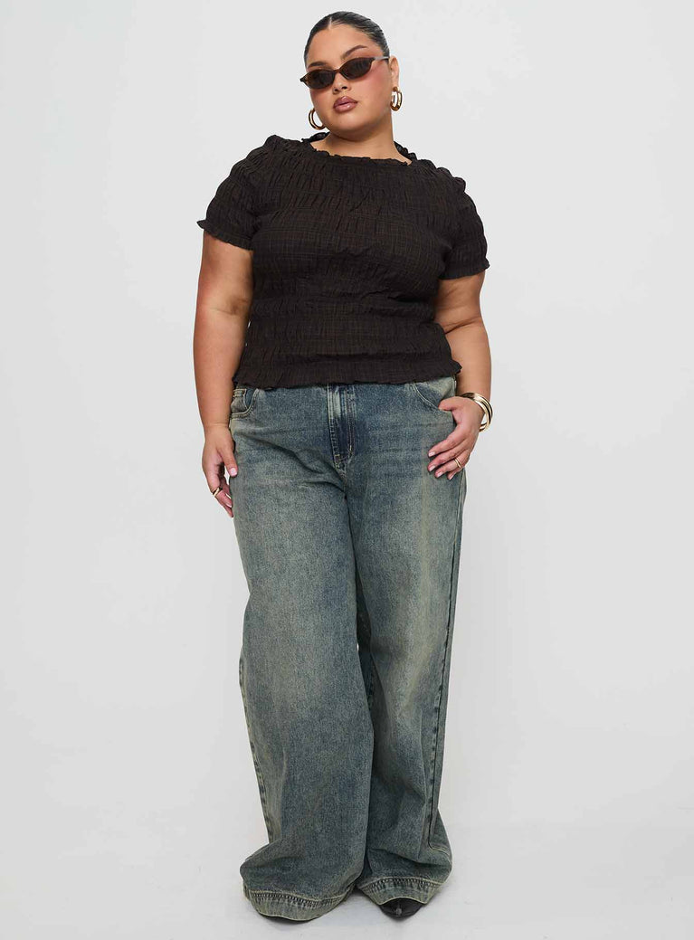 Romelle Shirred Top Black / Brown Plaid | Princess Polly USA