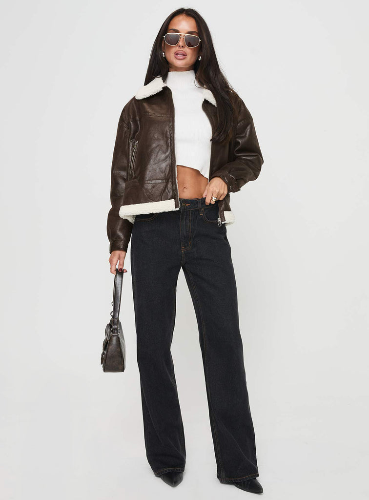 Solara Faux Leather Shearling Jacket Chocolate | Princess Polly
