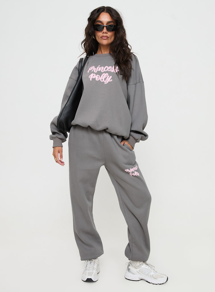 Princess Polly Crew Neck Sweatshirt Puff Text Charcoal | Princess Polly