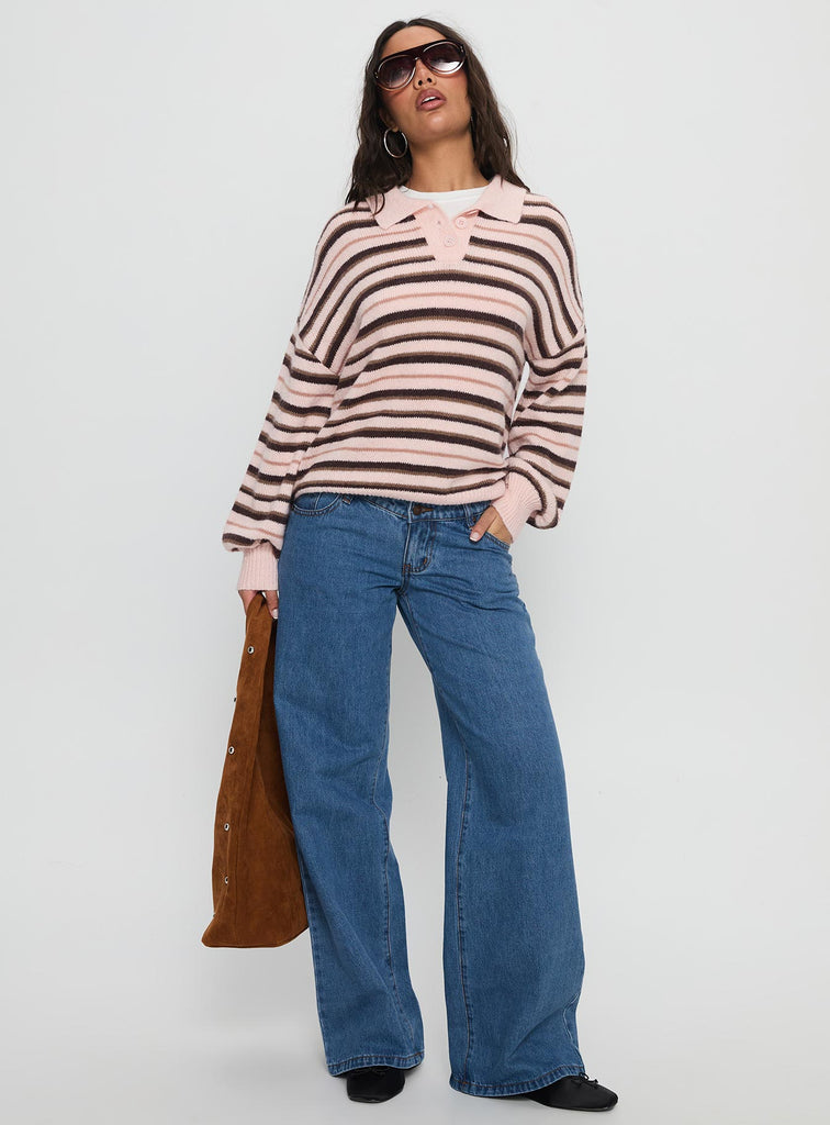 Jeanny Collared Knit Sweater Brown / Pink Stripe | Princess Polly