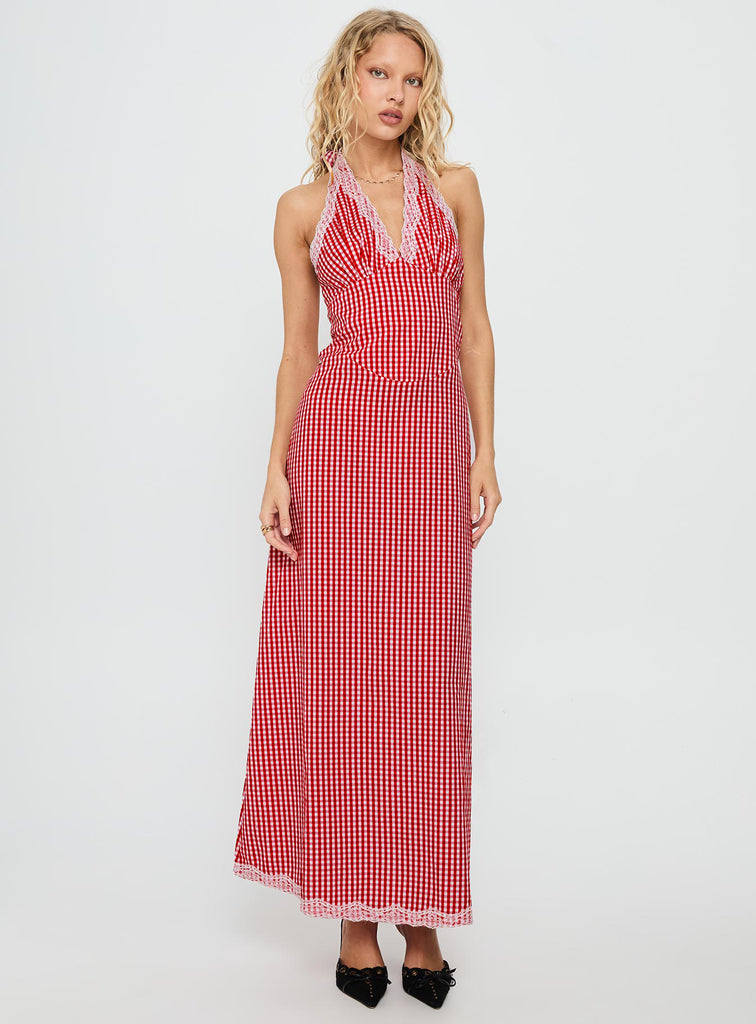 Betsie Halter Lace Maxi Dress Red Polka | Princess Polly