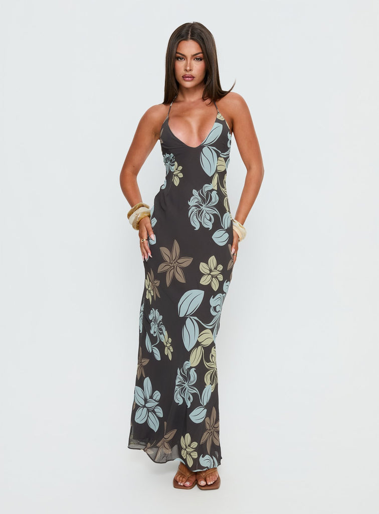 Esmira Halter Maxi Dress Chocolate / Blue Floral | Princess Polly
