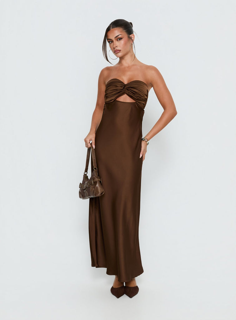 Faviola Strapless Maxi Dress Chocolate | Princess Polly