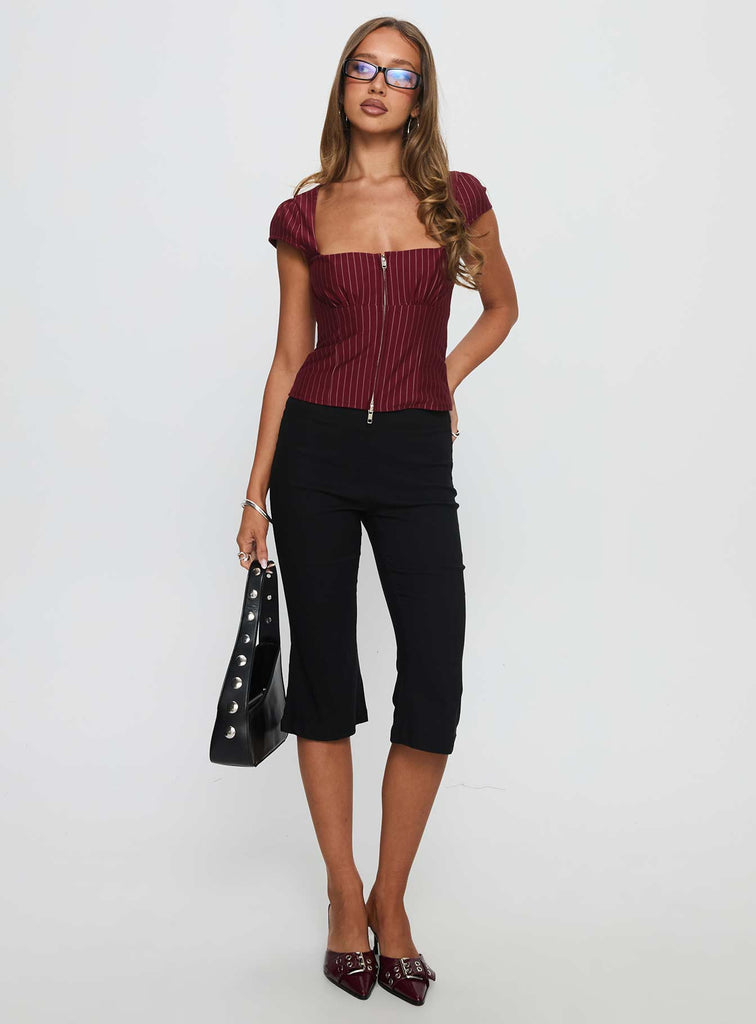 Santa Cruz Zip Through Top Burgundy Pinstripe | Princess Polly