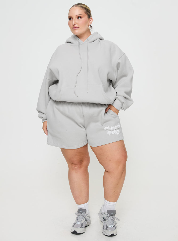 Princess Polly Track Shorts Puff Text Grey Curve | Princess Polly