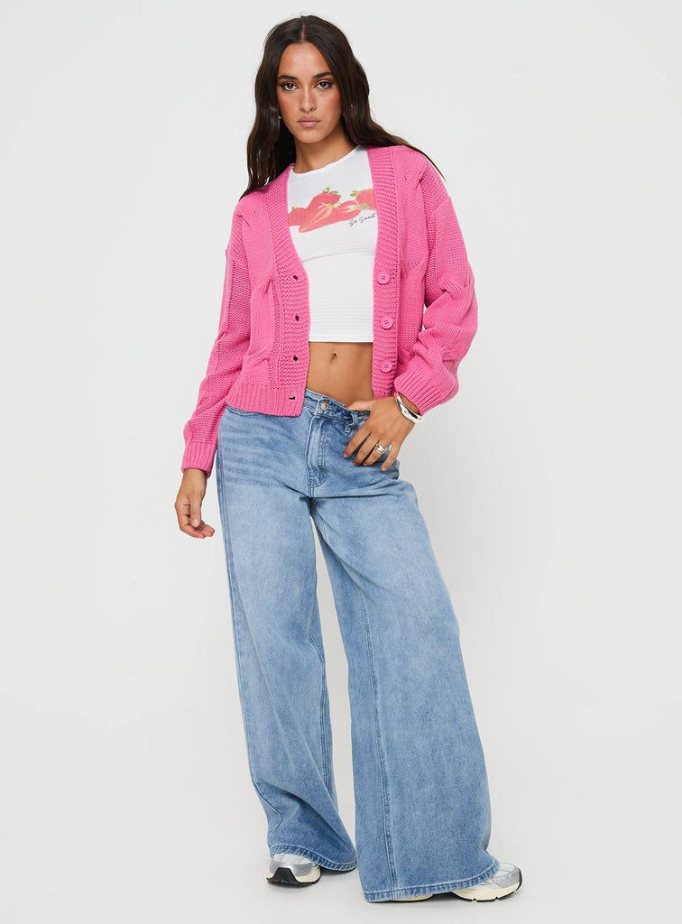Kinzley Cable Knit Cardigan Pink | Princess Polly