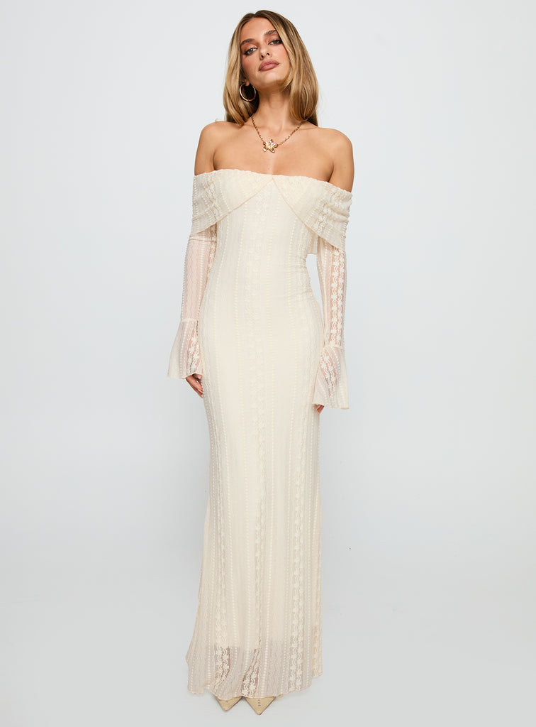 Perdita Long Sleeve Lace Maxi Dress Cream | Princess Polly