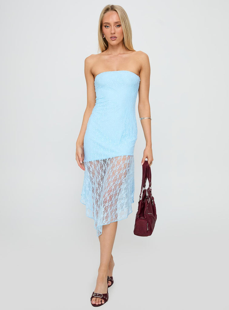 Nonchalant Strapless Lace Midi Dress Blue | Princess Polly