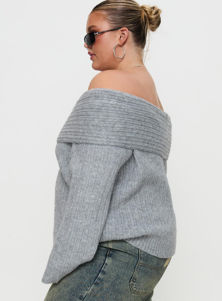 Snowie Off Shoulder Knit Sweater Grey Curve | Princess Polly