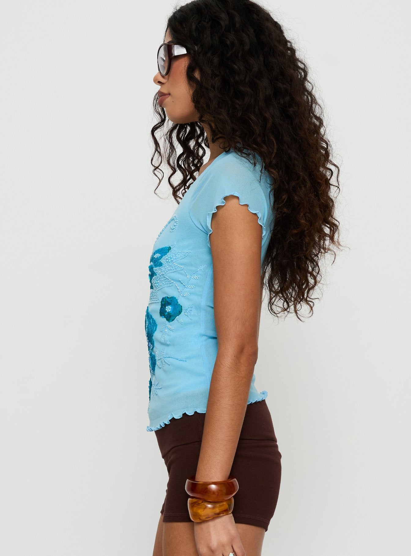 Reannah Sequin Short Sleeve Top Blue | Princess Polly